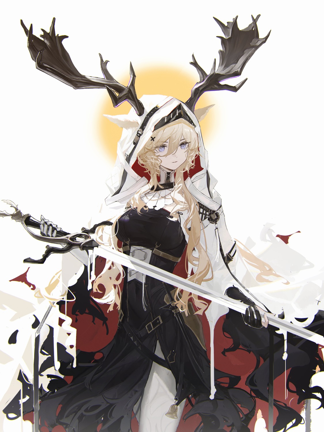 ombret7 arknights viviana droste animal ears armor dress horns pantyhose sword torn clothes ...